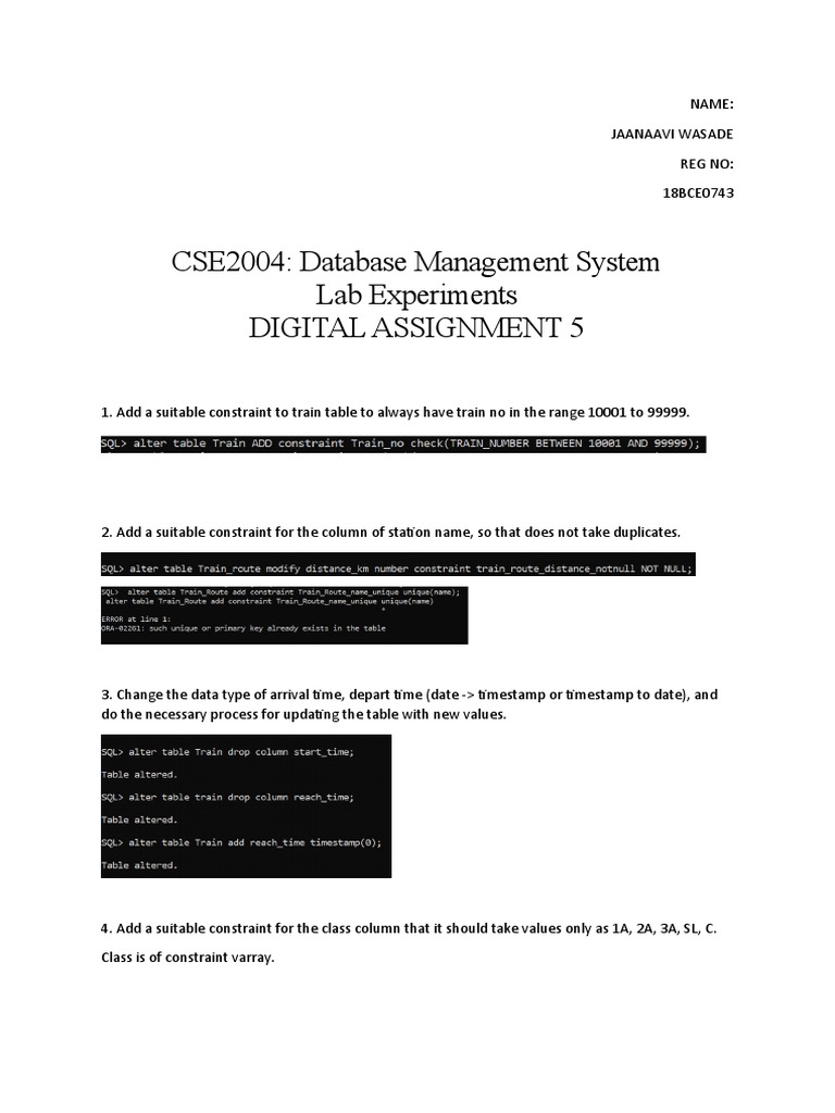 CSE2004: Database Management System Lab Experiments Digital Assignment 5 | PDF