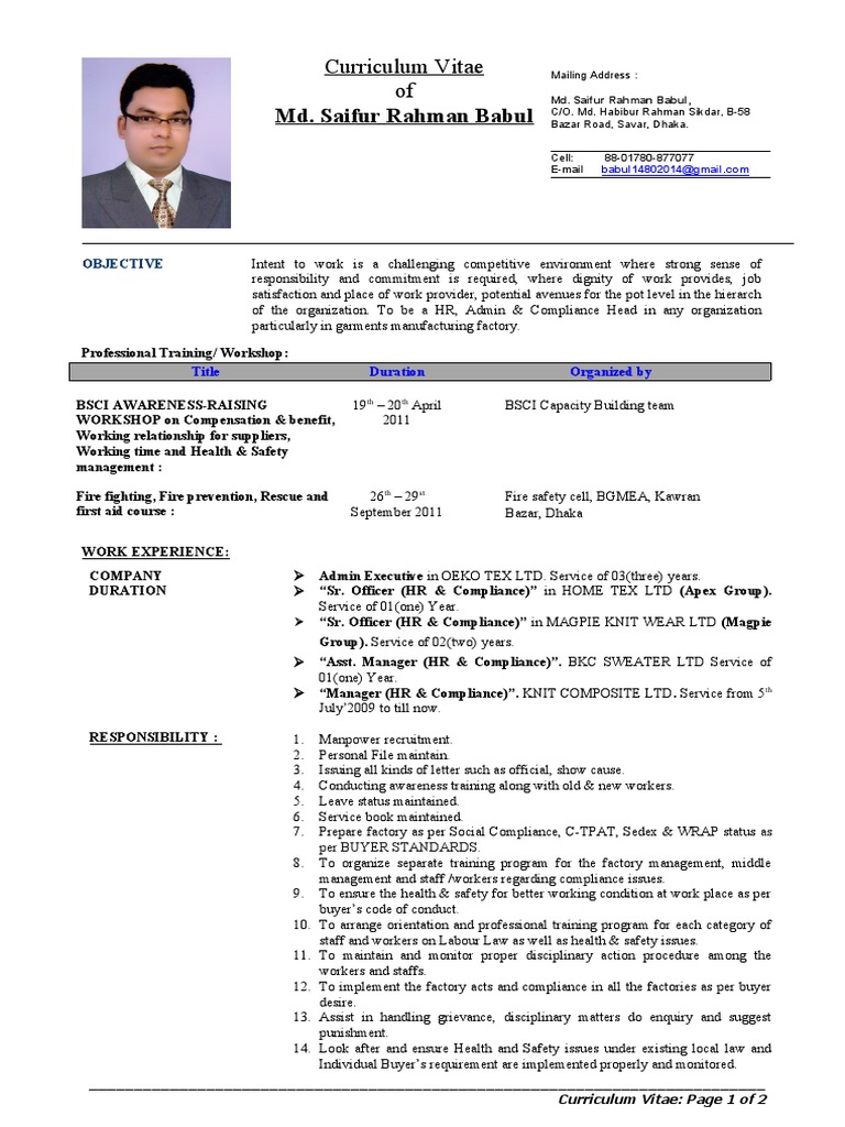CV of MD Saifur Rahman Babul | PDF | Regulatory Compliance | Occupational Safety And Health