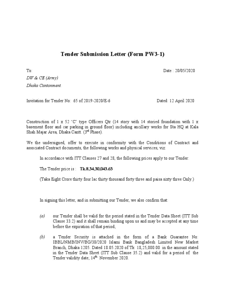 BTC Tender Submission Letter | PDF | Civil Law (Legal System ...
