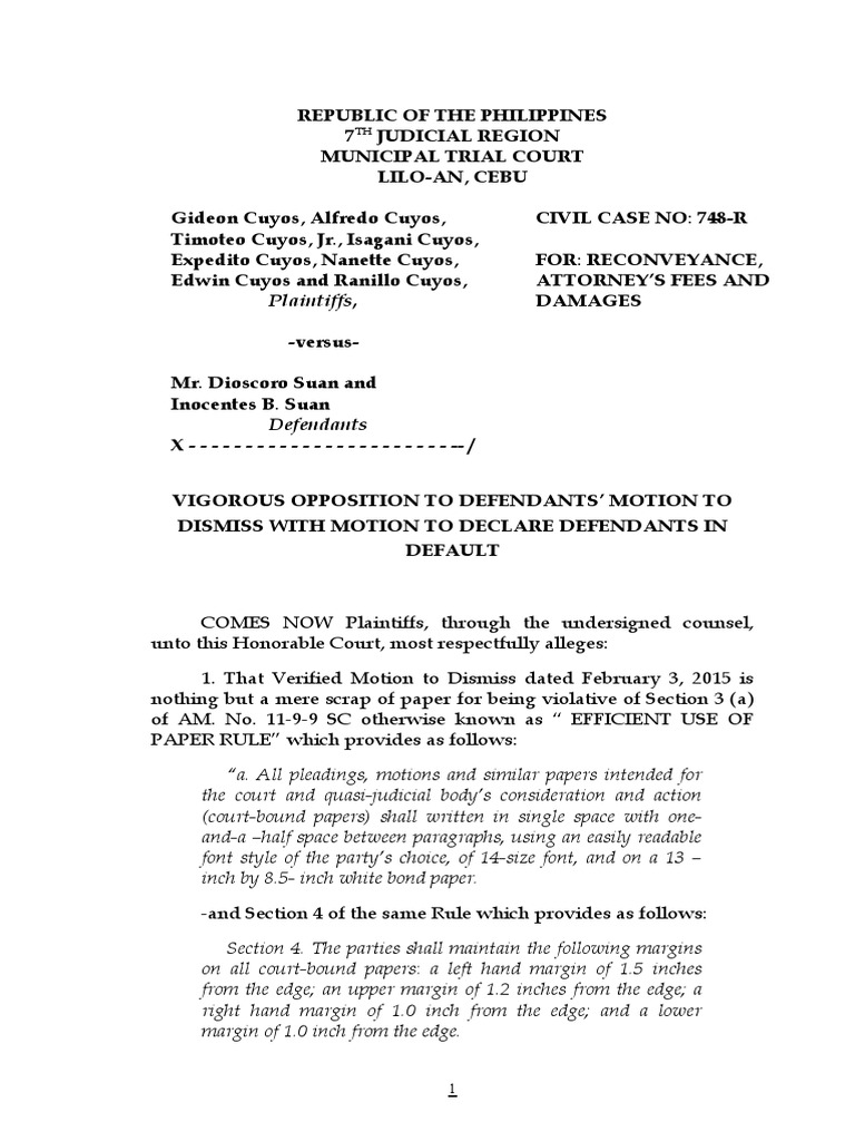 Opposition Motio To Dismiss Complaint Cuyos Suan | PDF | Pleading ...