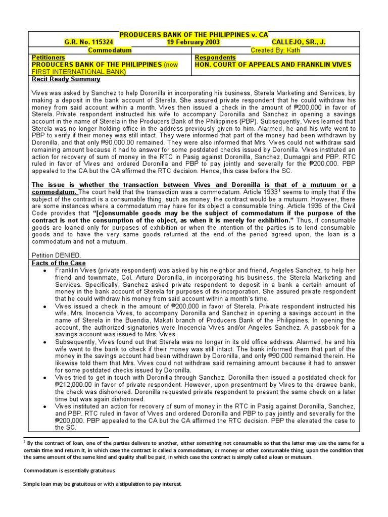 Commodatum vs. Mutuum in Vives Case | PDF | Loans | Mortgage Loan