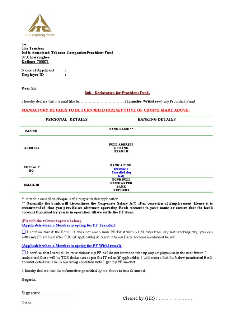 Template - New PF Declaration | Download Free PDF | Banks | Financial ...