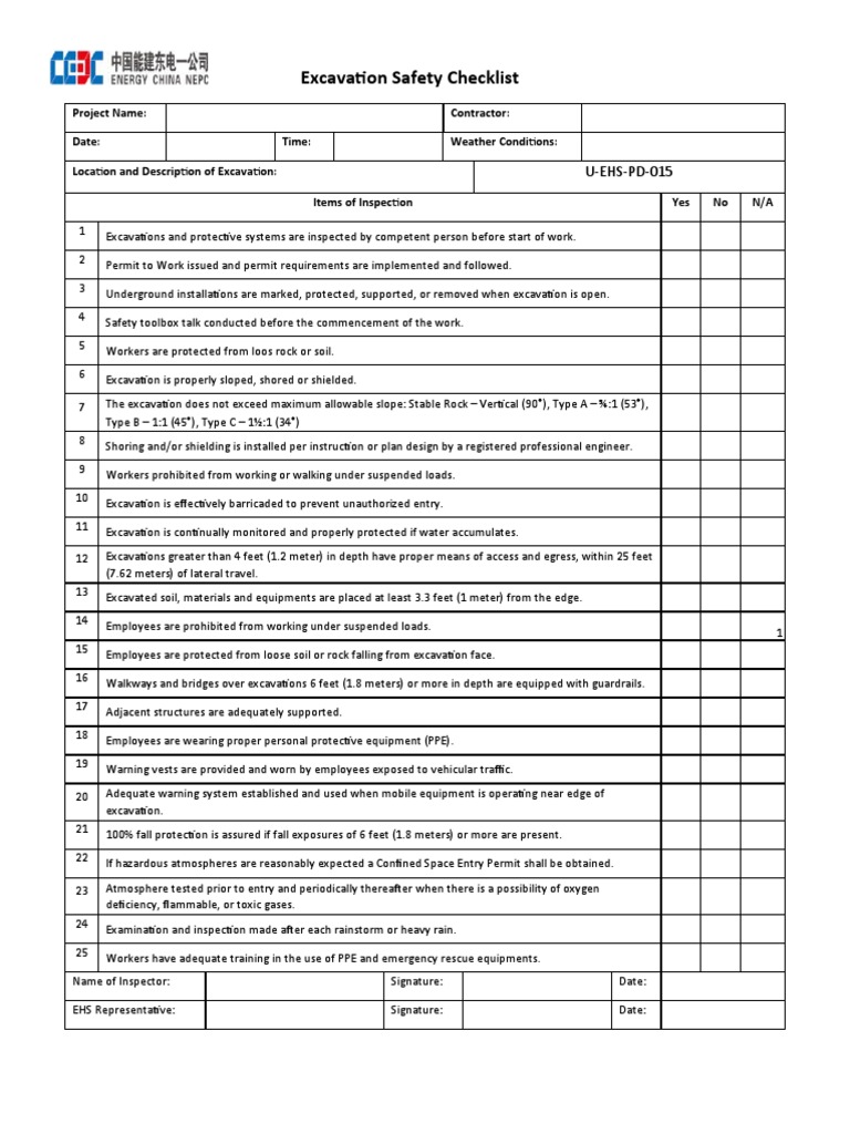 Excavation Safety Inspection Checklist | PDF | Personal Protective ...