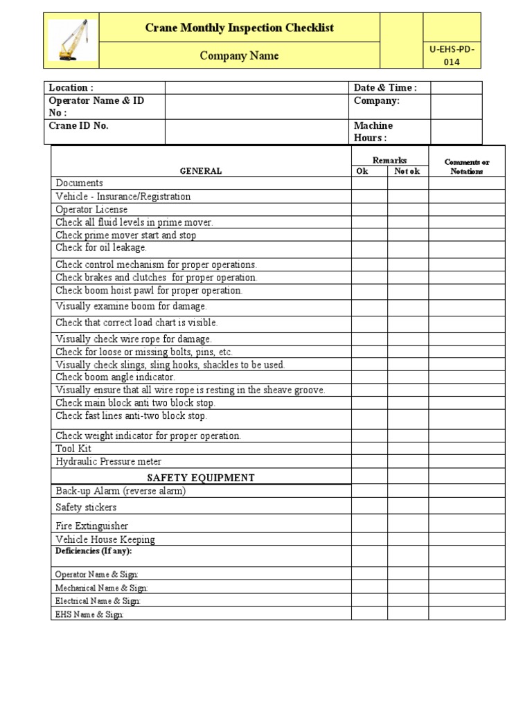 Monthly Crane Inspection Checklist Crane Inspection Services