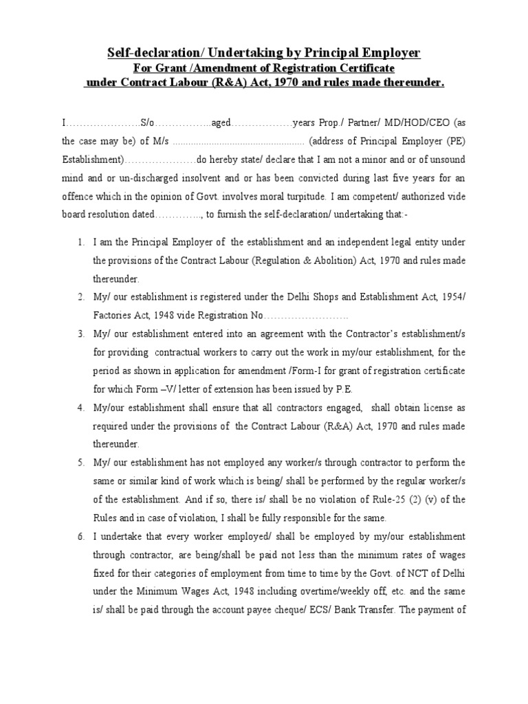 Self-Declaration/ Undertaking by Principal Employer | PDF | Identity Document | Payments