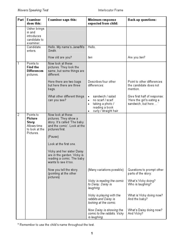 Movers Speaking Examiner Booklet 102 PDF | PDF