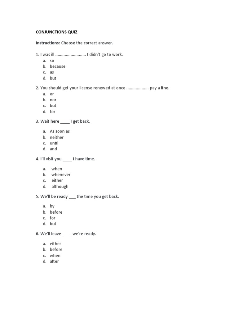 Conjunctions Quiz | PDF