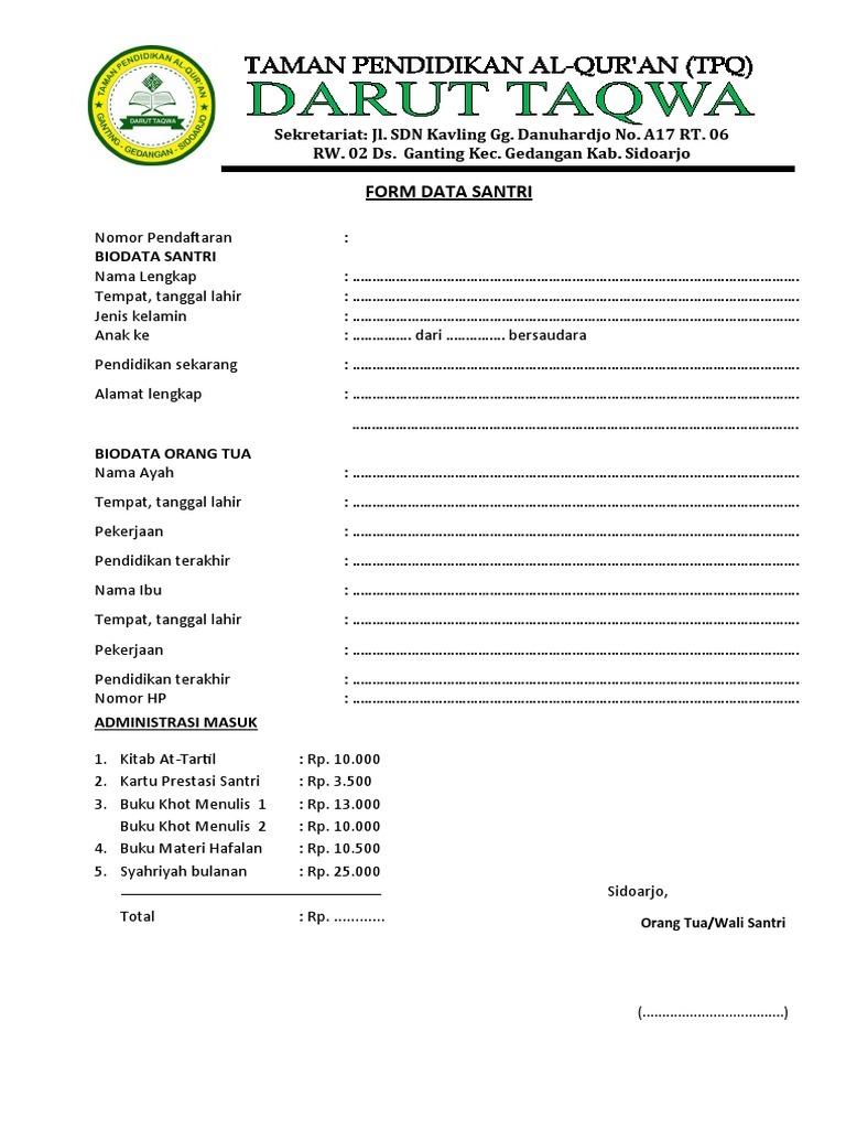 Contoh Form Santri Baru TPQ | PDF