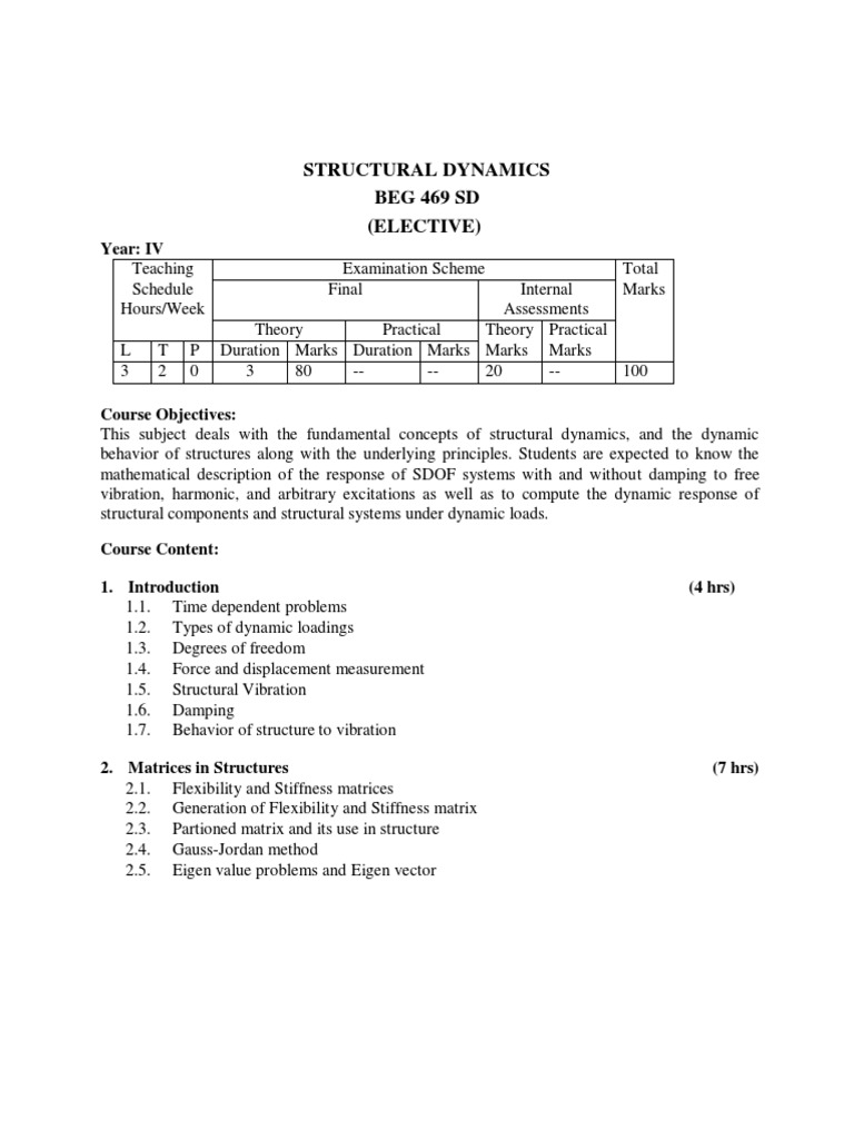 Structural Dynamics Beg 469 SD (Elective) | PDF | Physics | Mechanics