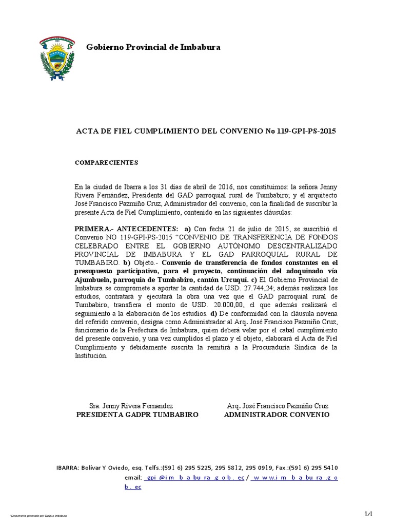 Acta de Fiel Cumplimiento Conv 119-2015 | PDF | Gobierno