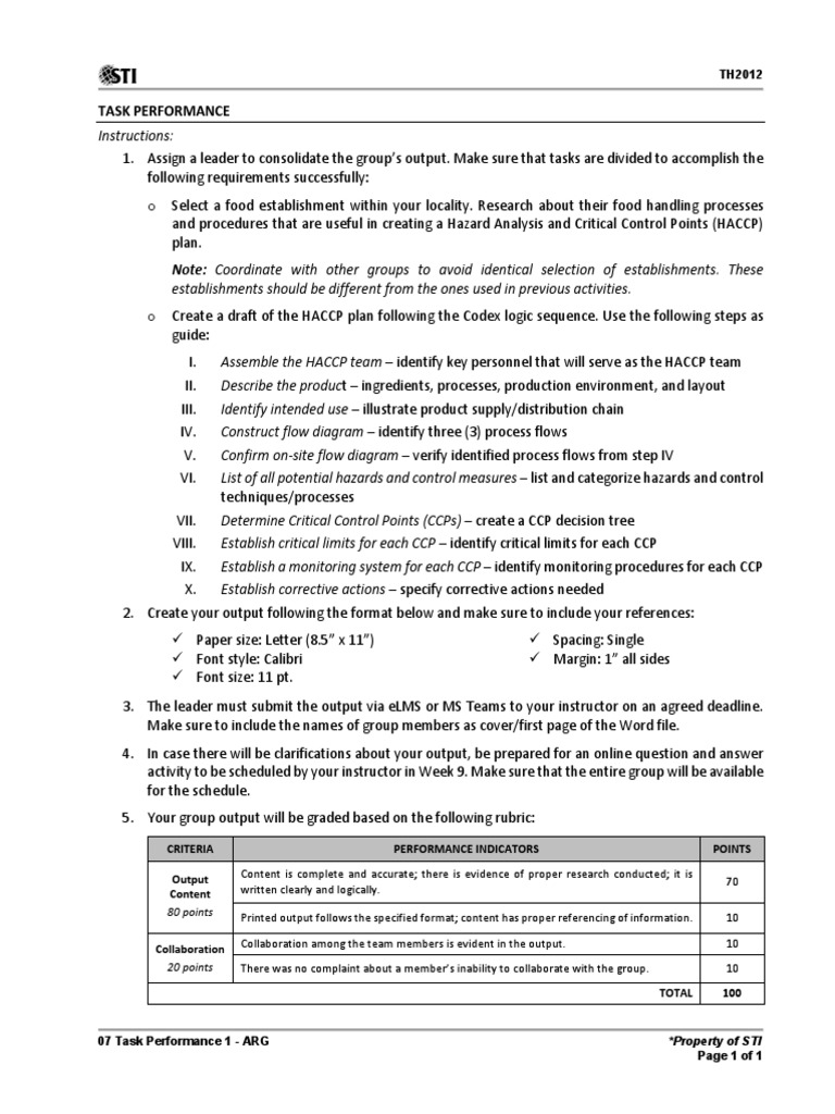 07 - Task - Performance - 1 - ARG NOV 8 PDF | PDF | Hazard Analysis And Critical Control Points ...