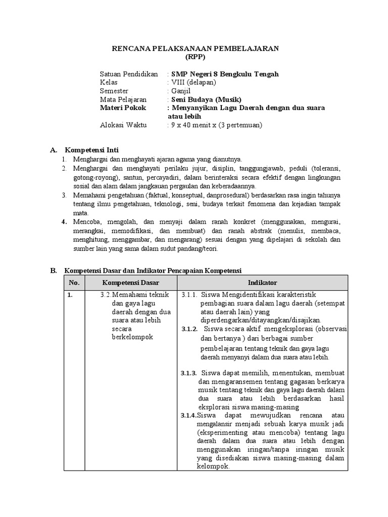 RPP Kelas Viii Seni Musik - 2 | PDF