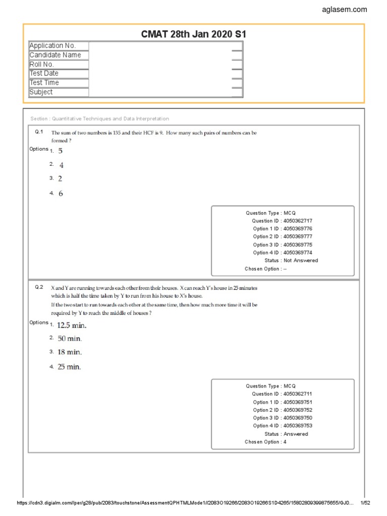 Cmat 2020 Question Paper | PDF | Multiple Choice | Tests