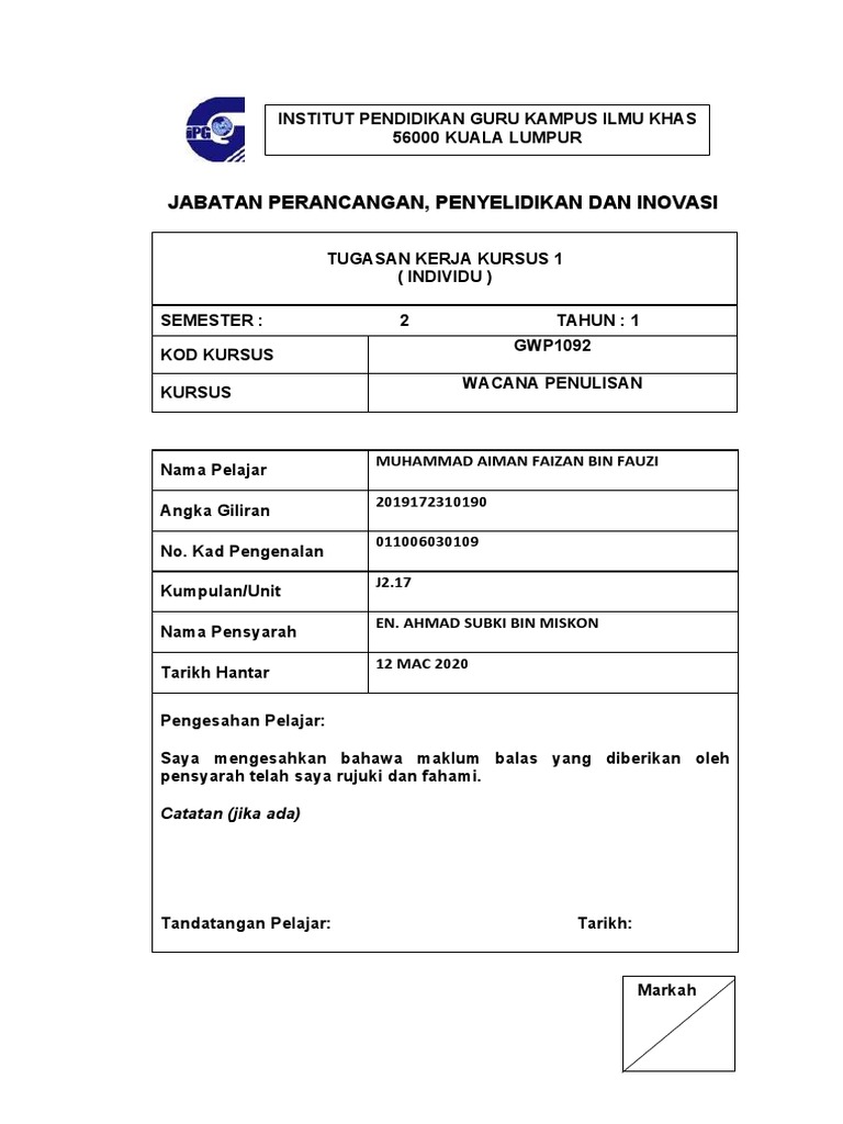 Contoh Cover Kerja Kursus GWP | PDF