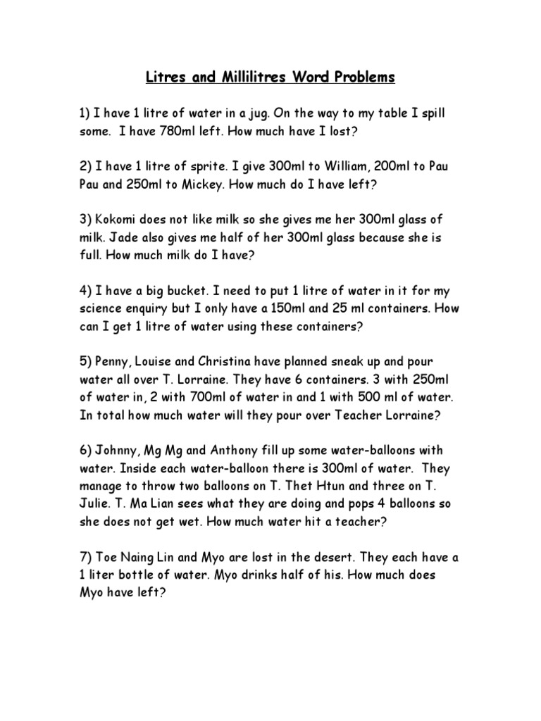 Litres and Millilitres Word Problems | PDF | Litre | Scientific Observation