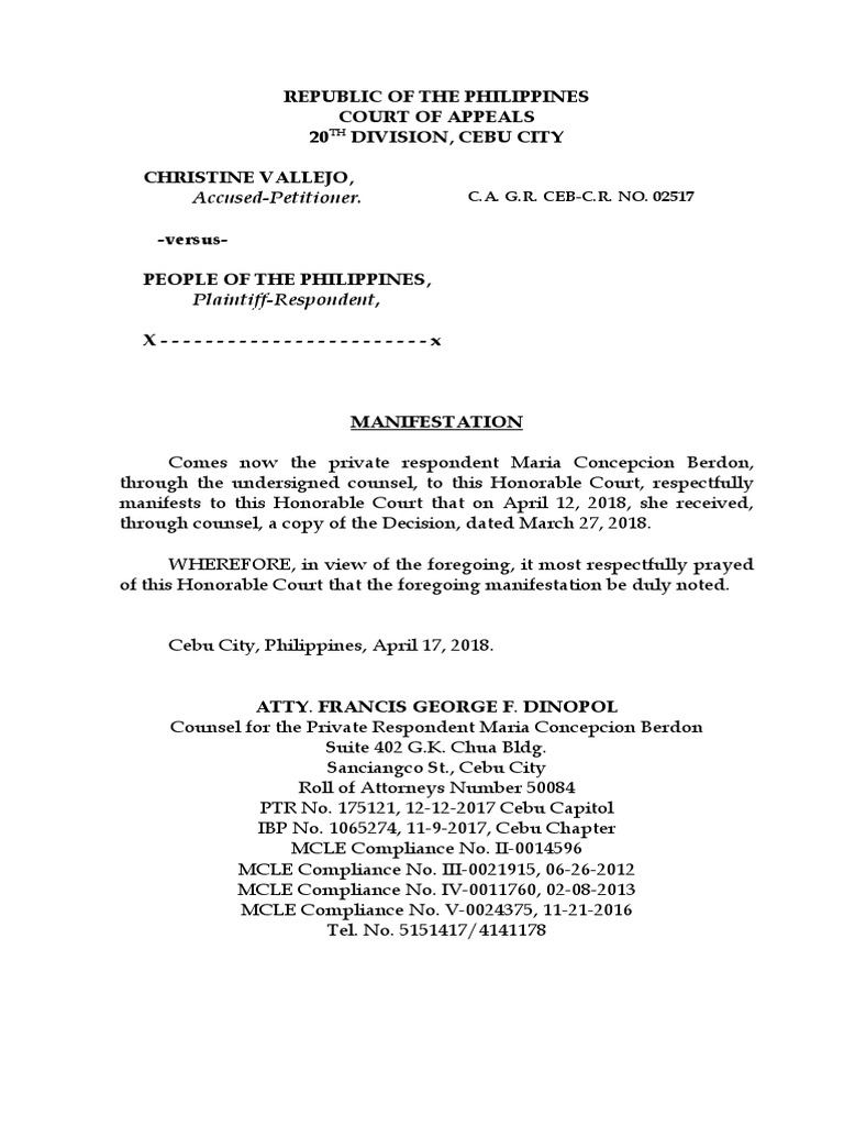 Cebu Court of Appeals Manifestation | PDF