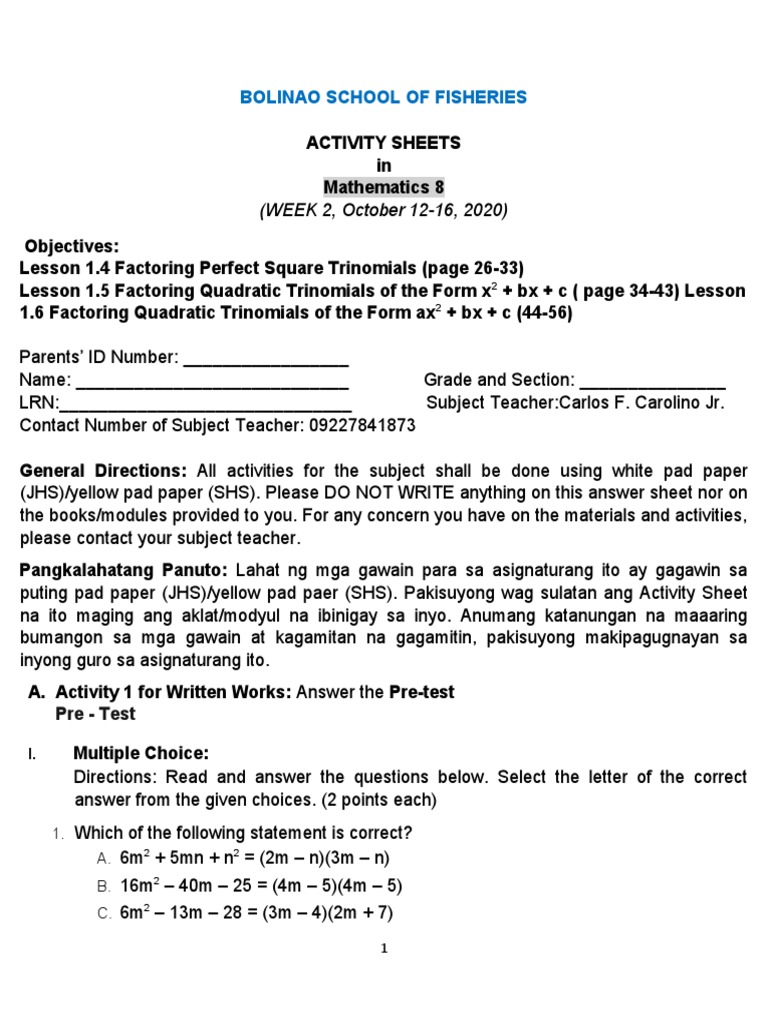 Math 8 Activity Sheets: Week 2 | PDF | Abstract Algebra | Algebra