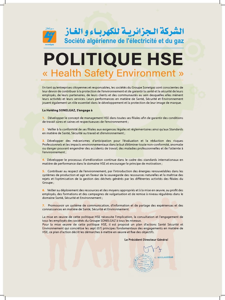 Politique HSE Groupe SONELGAZ | PDF
