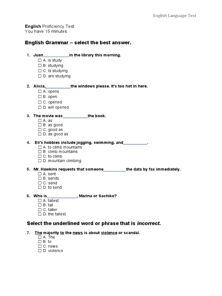 English Grammar - Select The Best Answer.: You Have 15 Minutes | PDF