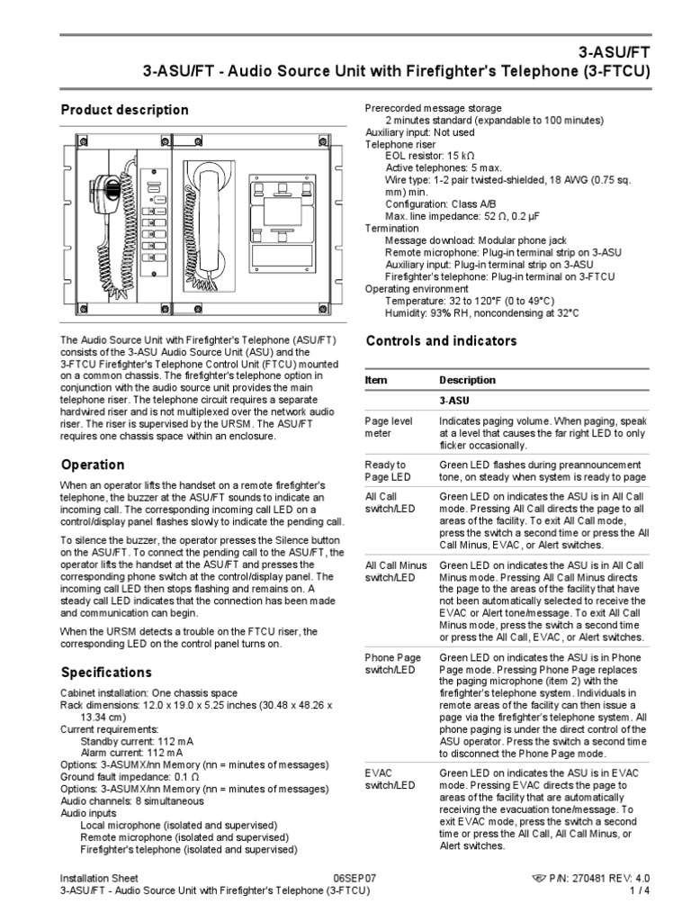 3-ASU/FT 3-ASU/FT - Audio Source Unit With Firefighter's Telephone (3 ...