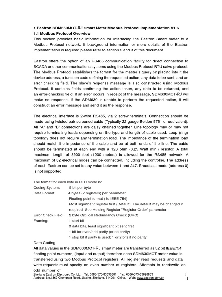 1 Eastron SDM630MCT-RJ Smart Meter Modbus Protocol Implementation V1.6 1.1 Modbus Protocol ...