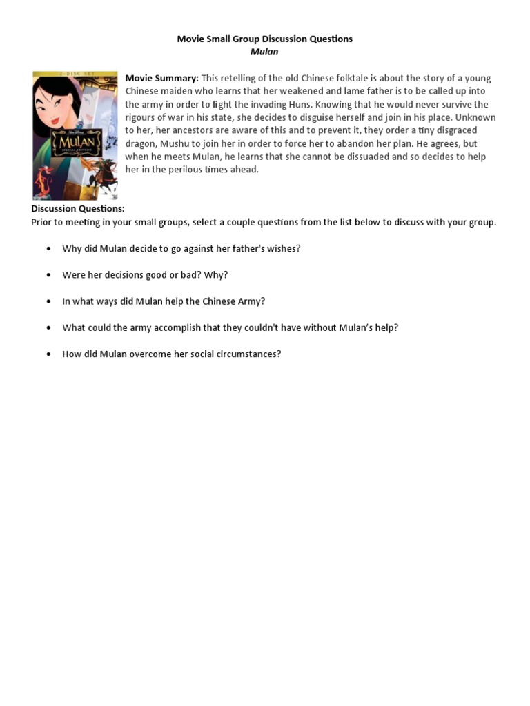 Movie Small Group Discussion Questions: Mulan | PDF