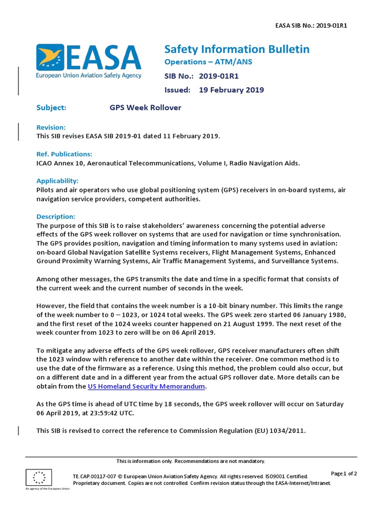EASA - SIB - 2019-01R1 - 1 - GPS Week Rollover | PDF | Global ...