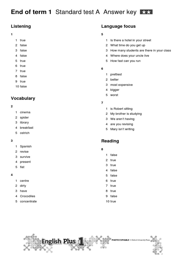 End of Term 1 Standard Test A Answer Key: Listening Language Focus | PDF