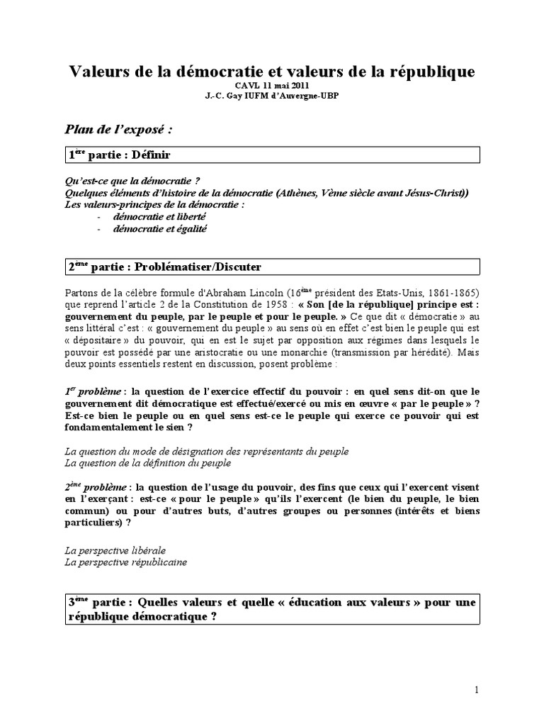 Valeurs de La Democratie Et Valeurs de La Republique | PDF | Démocratie ...