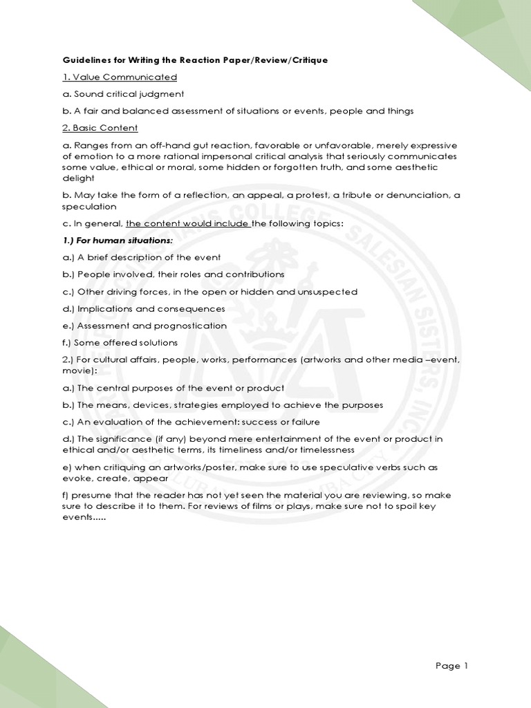 Guidelines for Writing Reaction Papers | PDF