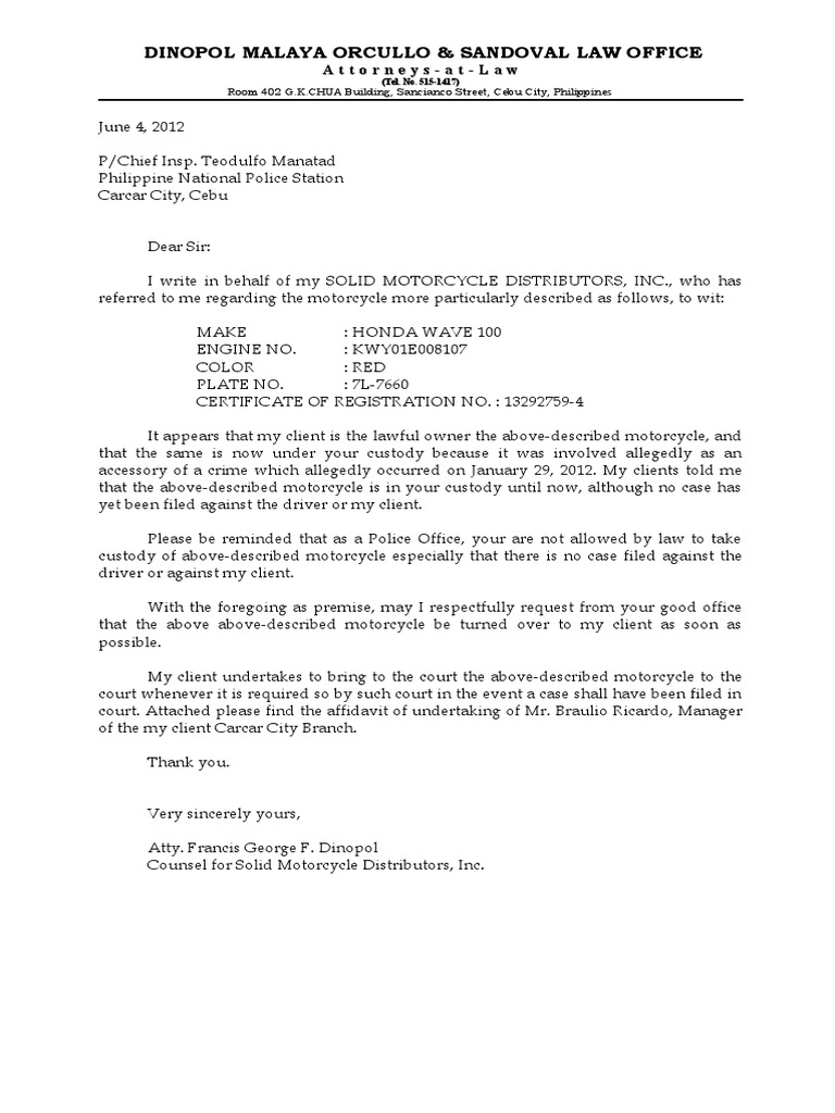 Release Request for Seized Motorcycle | PDF | Law