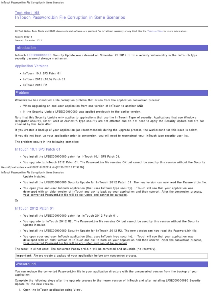 InTouch Password - Bin File Corruption in Some | PDF | Application ...
