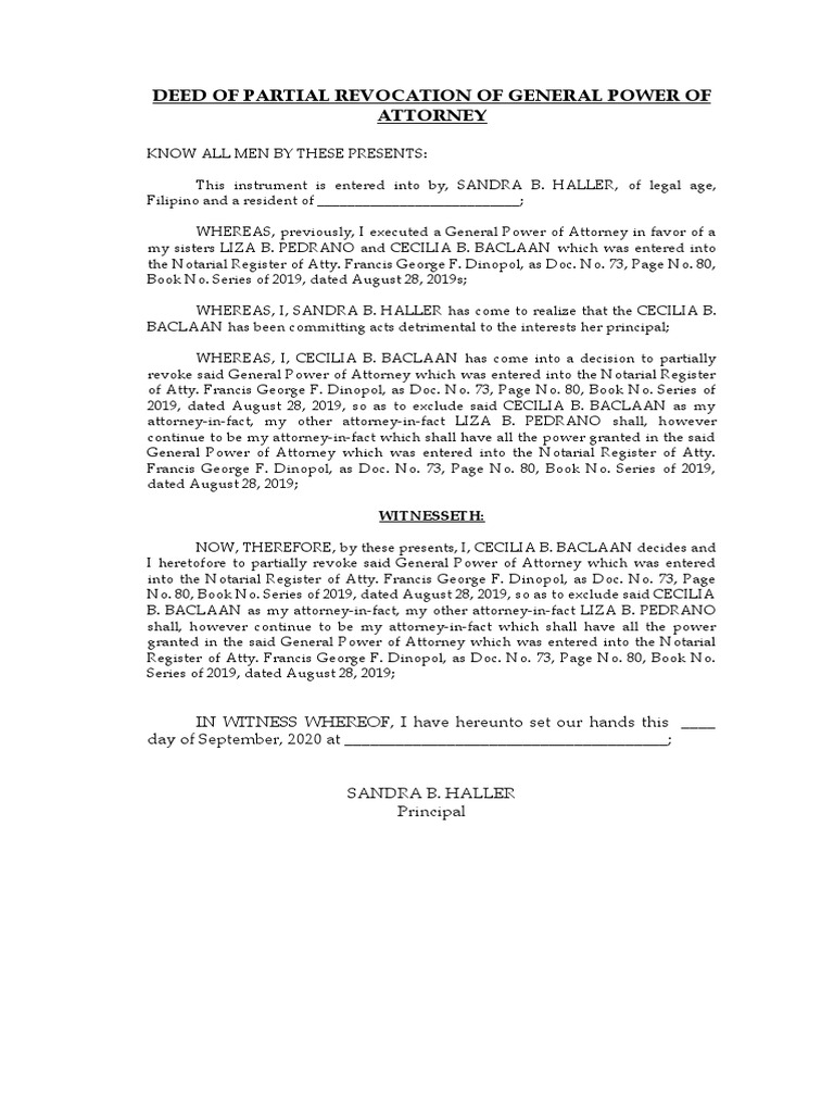 Partial Revocation of Power of Attorney | PDF