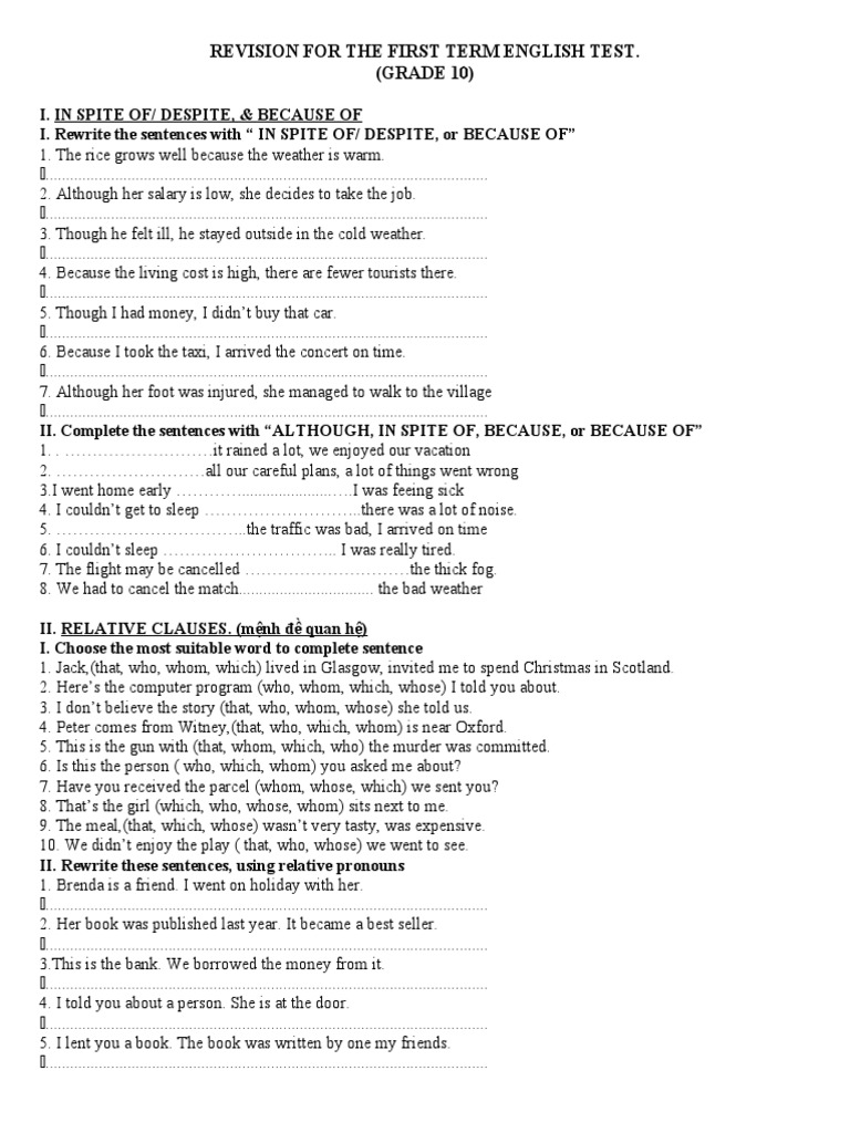 Revision For The First Term English Test - Grade 10 | PDF