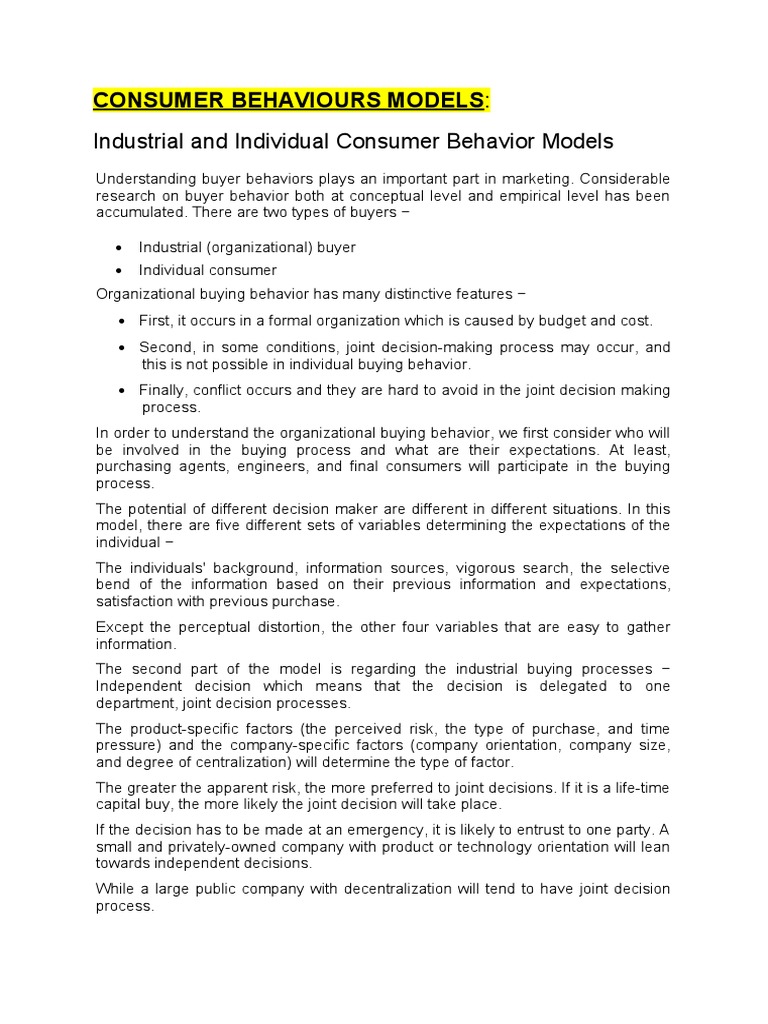 Consumer Behaviours Models | PDF | Consumer Behaviour | Behavior
