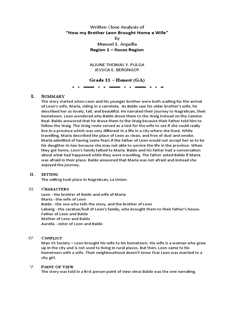 "How My Brother Leon Brought Home A Wife": Written Close Analysis of by ...