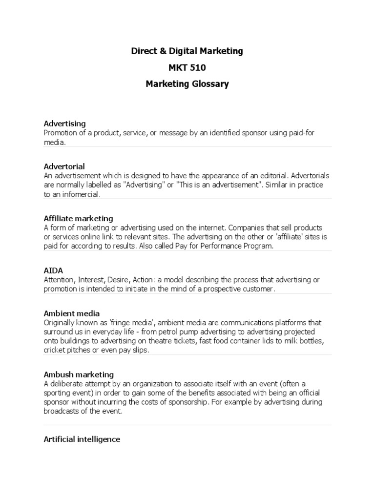 Direct & Digital Marketing MKT 510 Marketing Glossary: Advertising ...