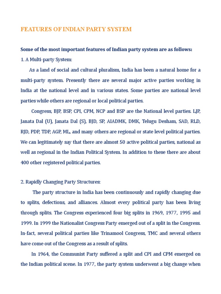 Features of Indian Party System | PDF | Bharatiya Janata Party | Indian ...