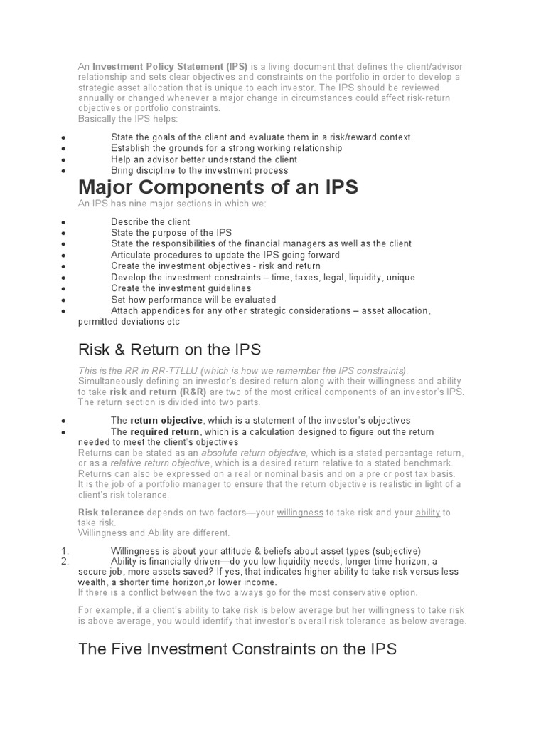 Major Components of An IPS: Risk & Return On The IPS | PDF | Investor ...