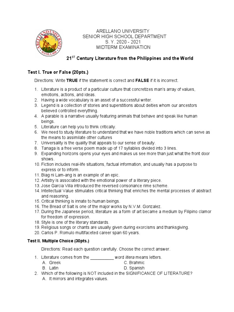 1st QUARTER EXAM in 21st CENTURY LIT | PDF | Poetry