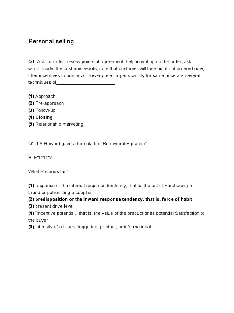 Personal Selling MCQ 50 | PDF | Sales | Marketing