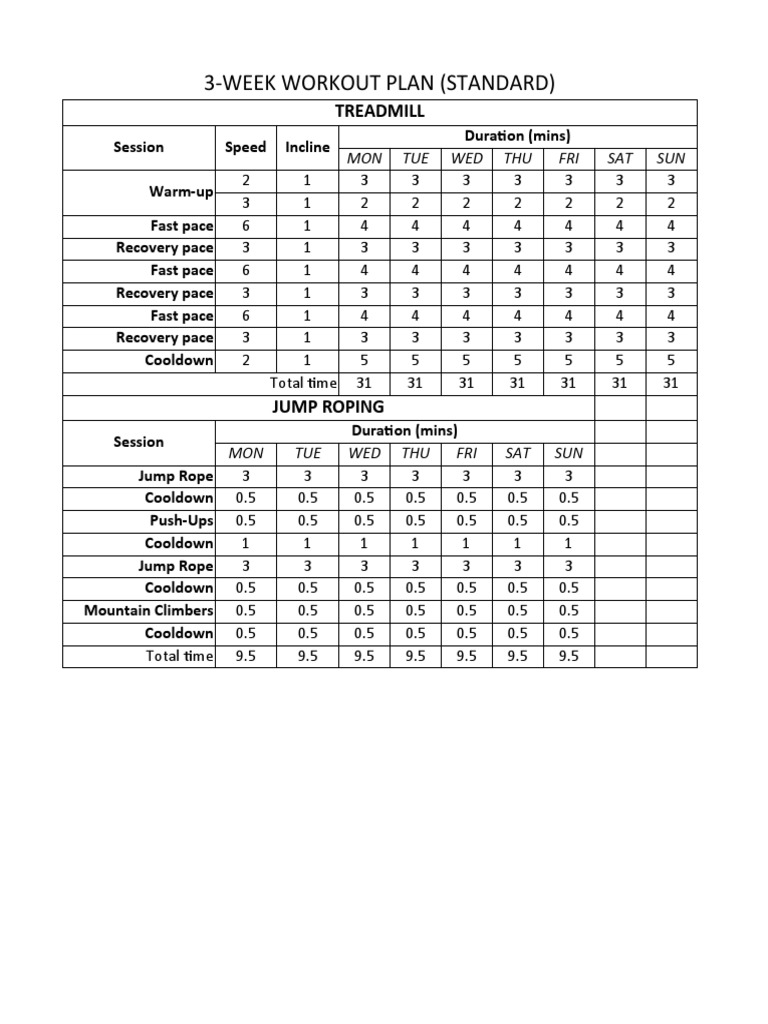 3-Week Workout Plan (Standard) : Treadmill | Download Free PDF ...