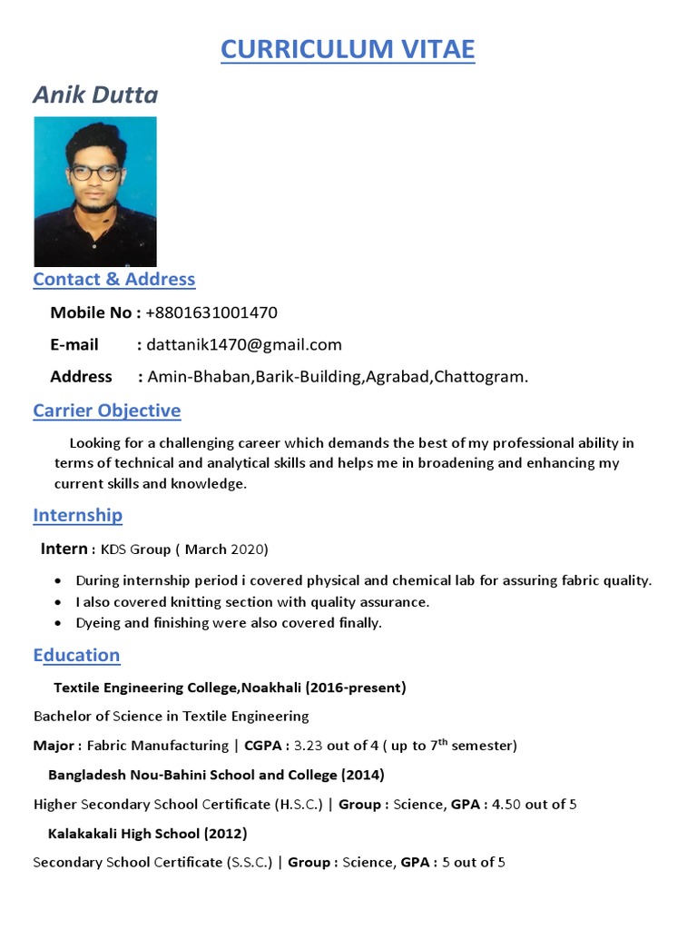 Curriculum Vitae: Anik Dutta | PDF