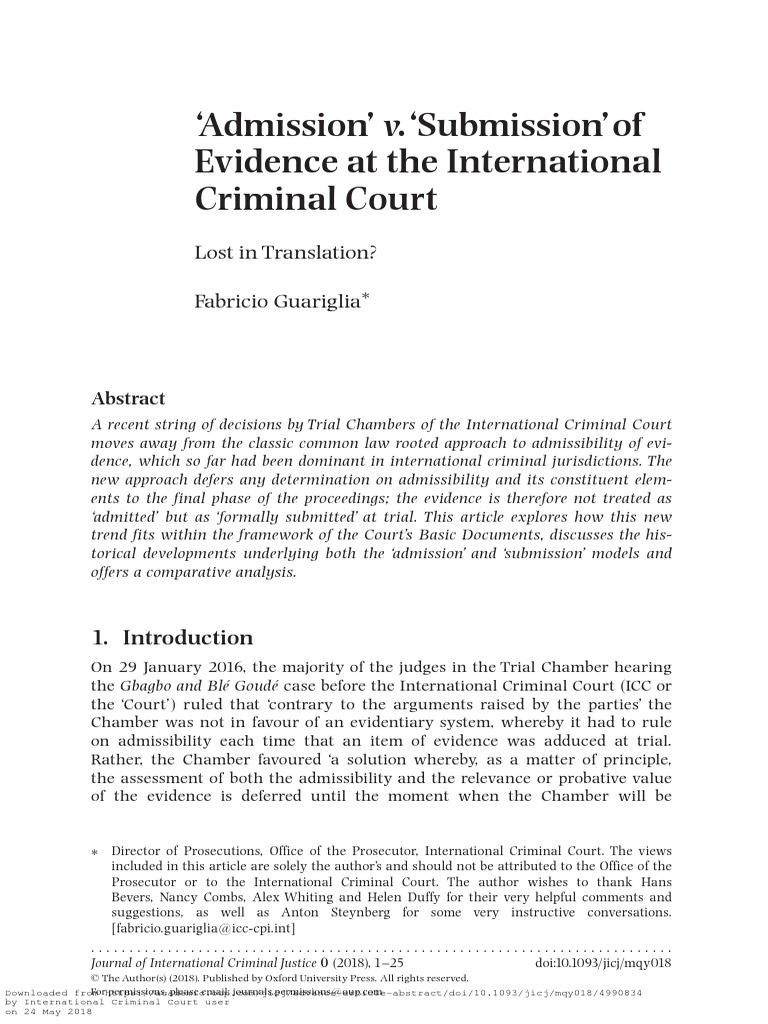 Admission' v. Submission'of Evidence at The International Criminal ...