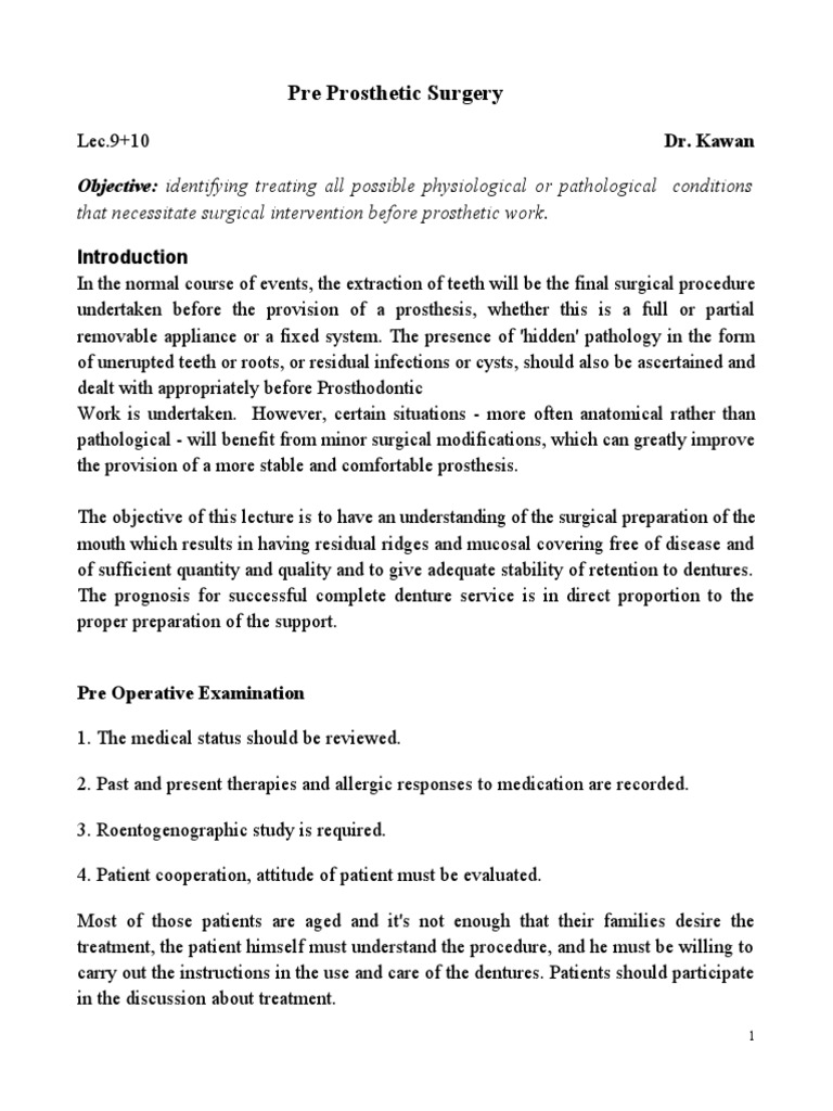 Pre Prosthetic Surgery Lec. 9&10 | PDF | Dentures | Mouth