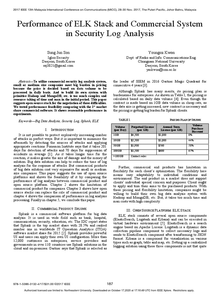 Performance of ELK Stack and Commercial System in Security Log Analysis ...