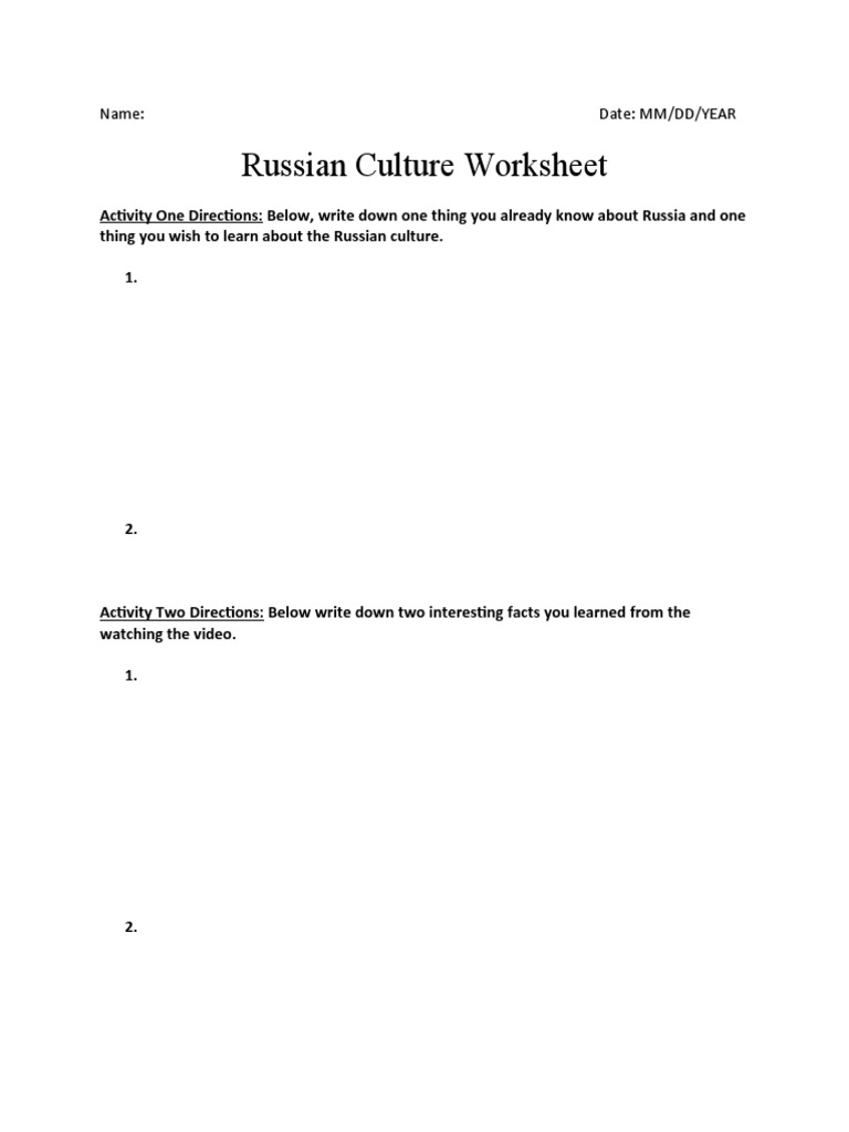 Russian Culture Worksheet | PDF | Politics
