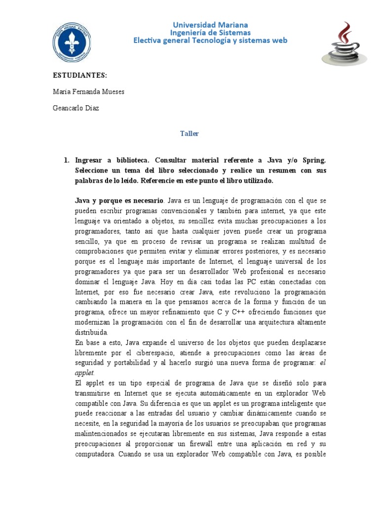 Taller 01 Spring | PDF | Mapeo Relacional de Objetos | Java (lenguaje de programación)