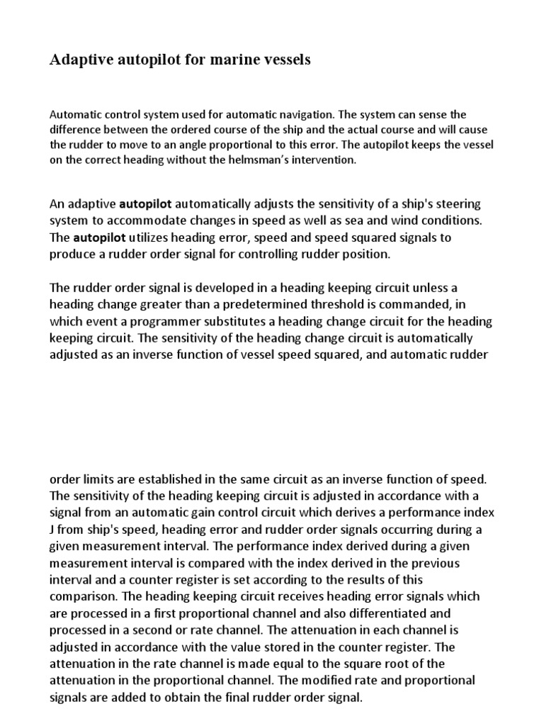 Adaptive Autopilot For Marine Vessels Pdf Rudder Ships