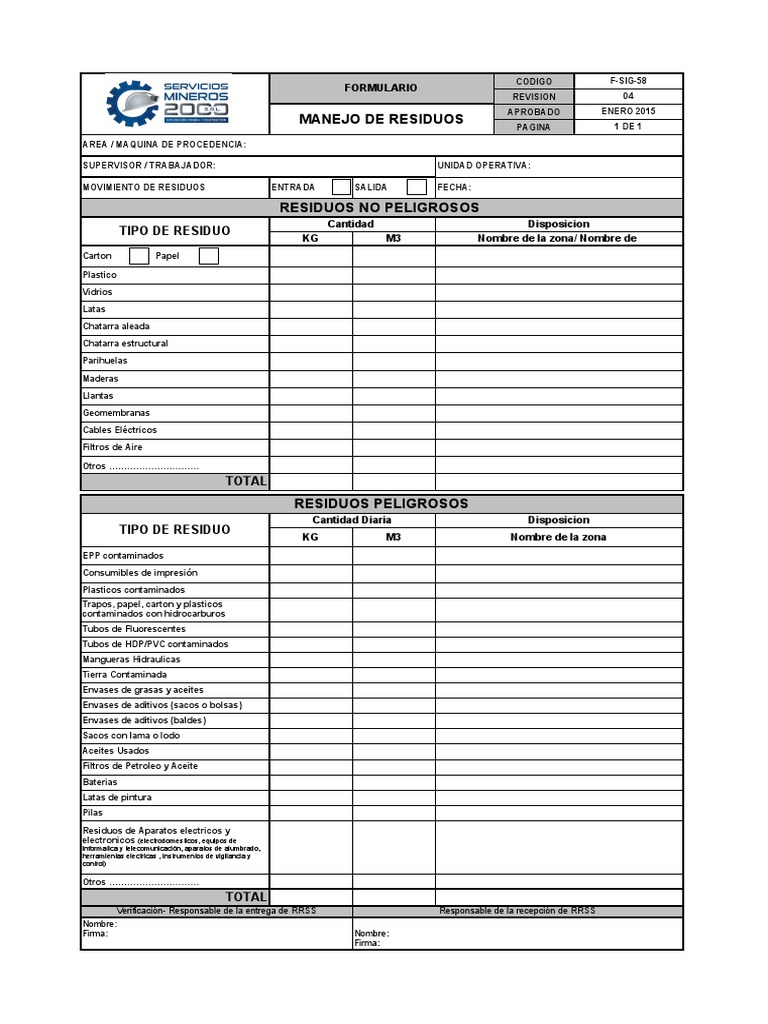 Gestión de Residuos: Formulario F-SIG-58 | PDF | Residuos | Materiales